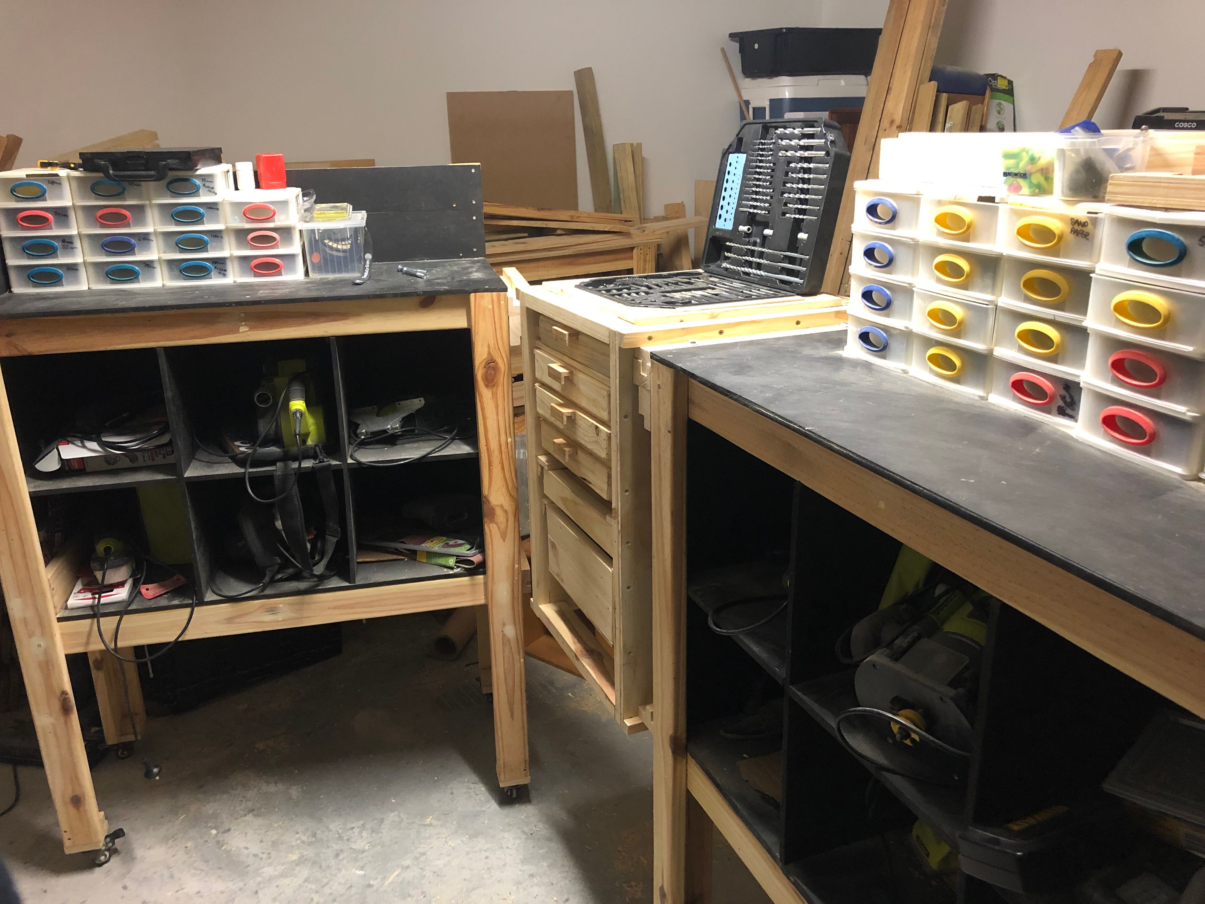 Power tool cabinets and workspace on whe... | Bunnings Workshop community