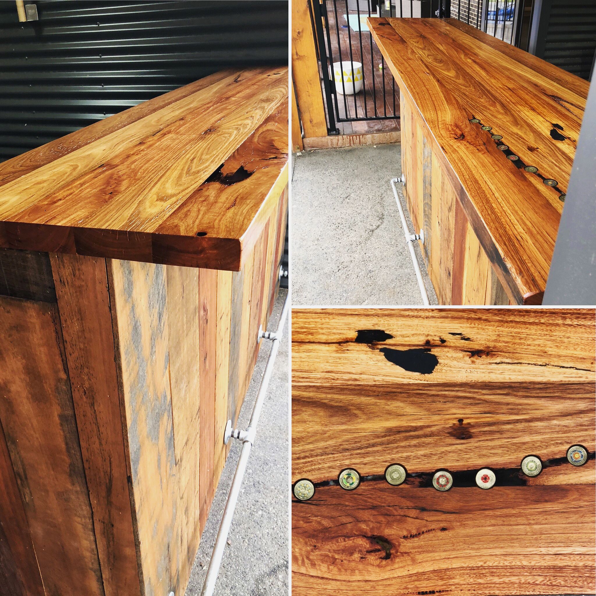 Recycled hardwood bar with embedded coin... | Bunnings Workshop community