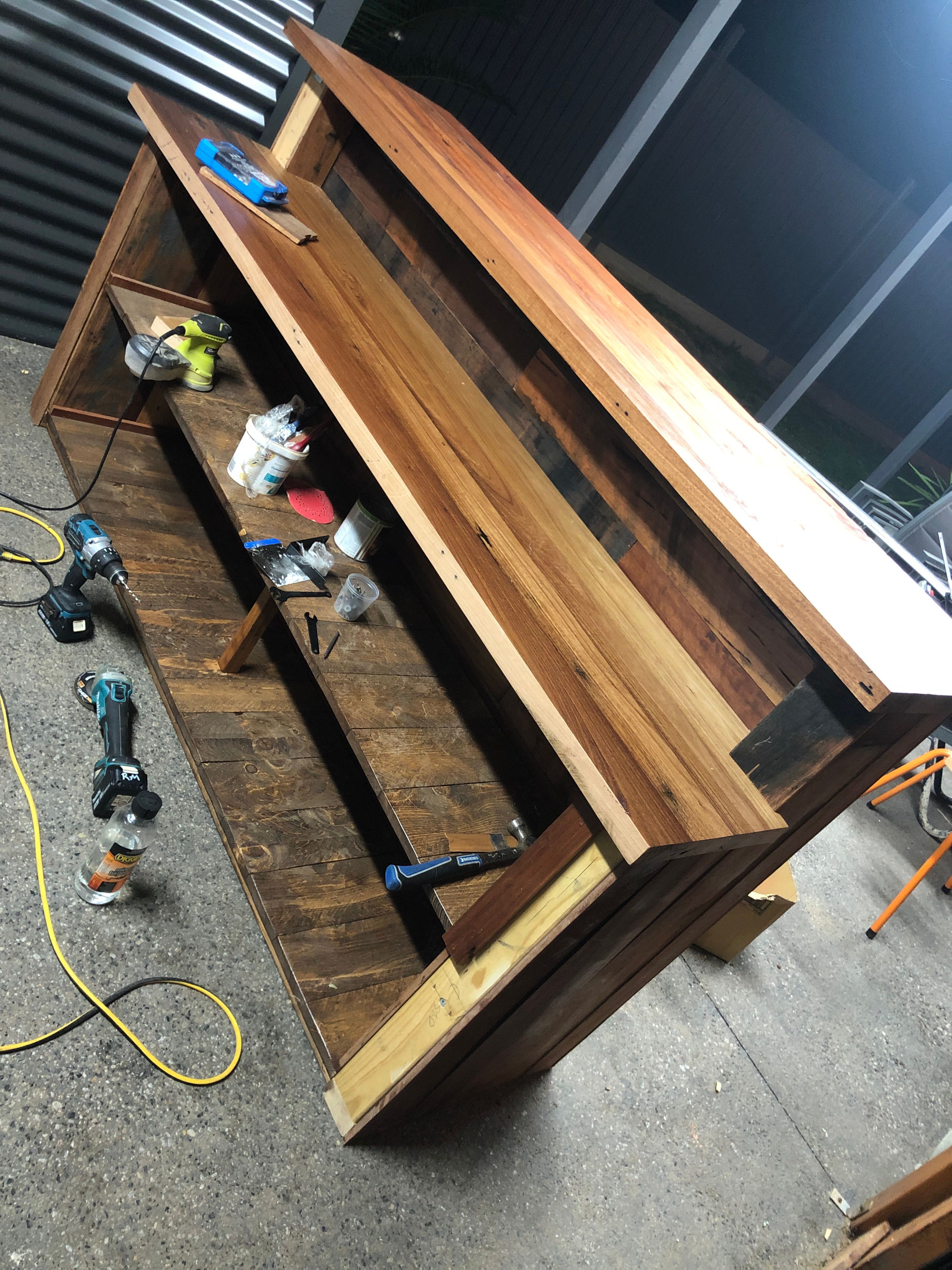 Recycled hardwood bar with embedded coin... | Bunnings Workshop community