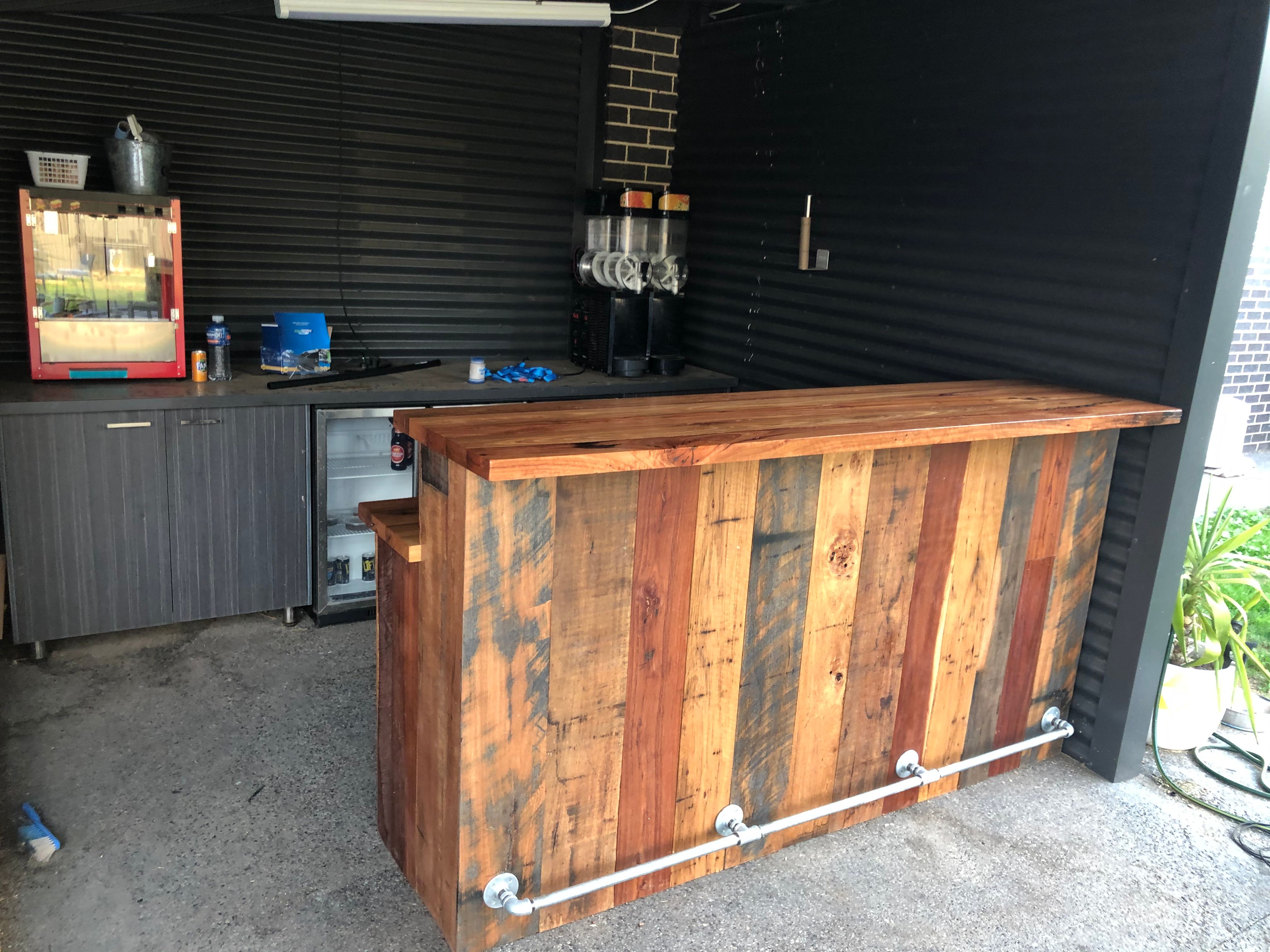 Recycled hardwood bar with embedded coin... | Bunnings Workshop community