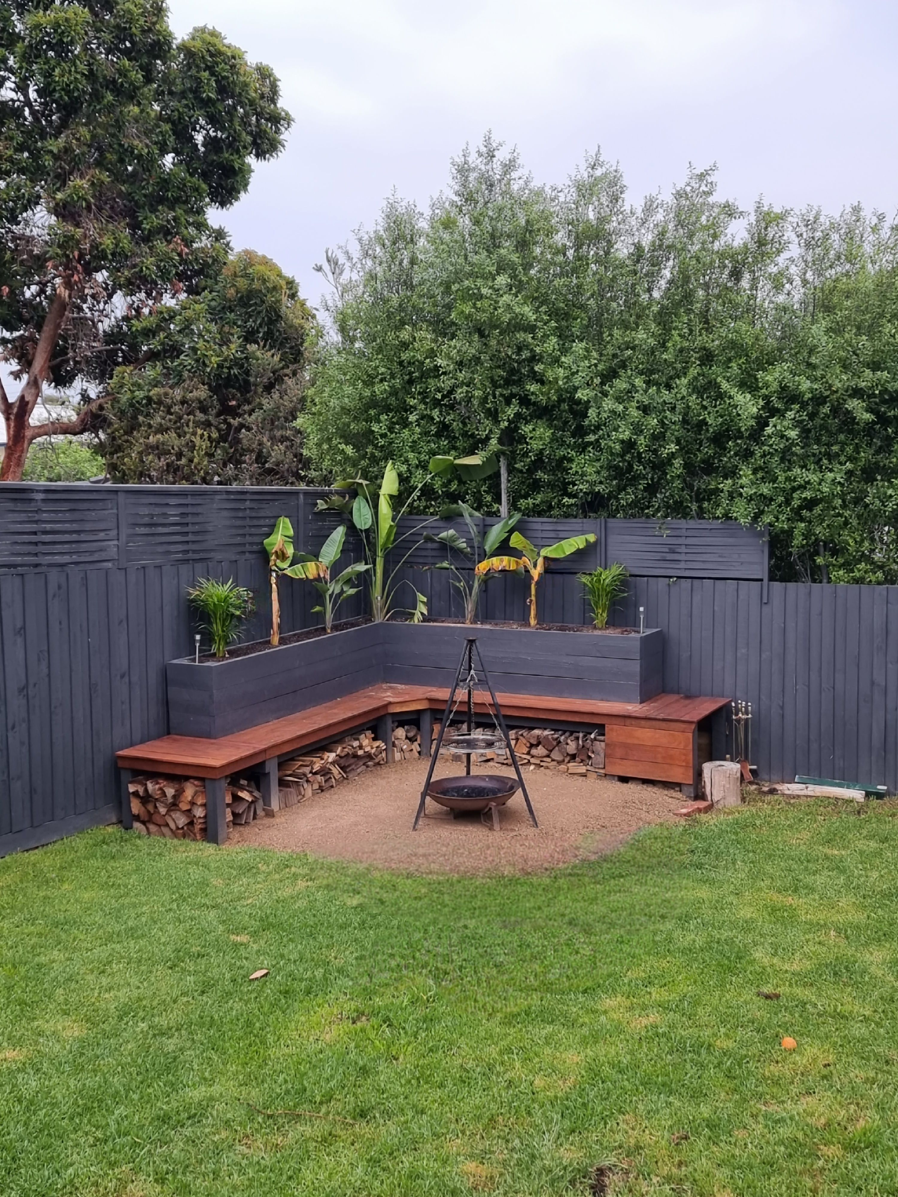 Fire pit area with planter box and bench... | Bunnings Workshop community